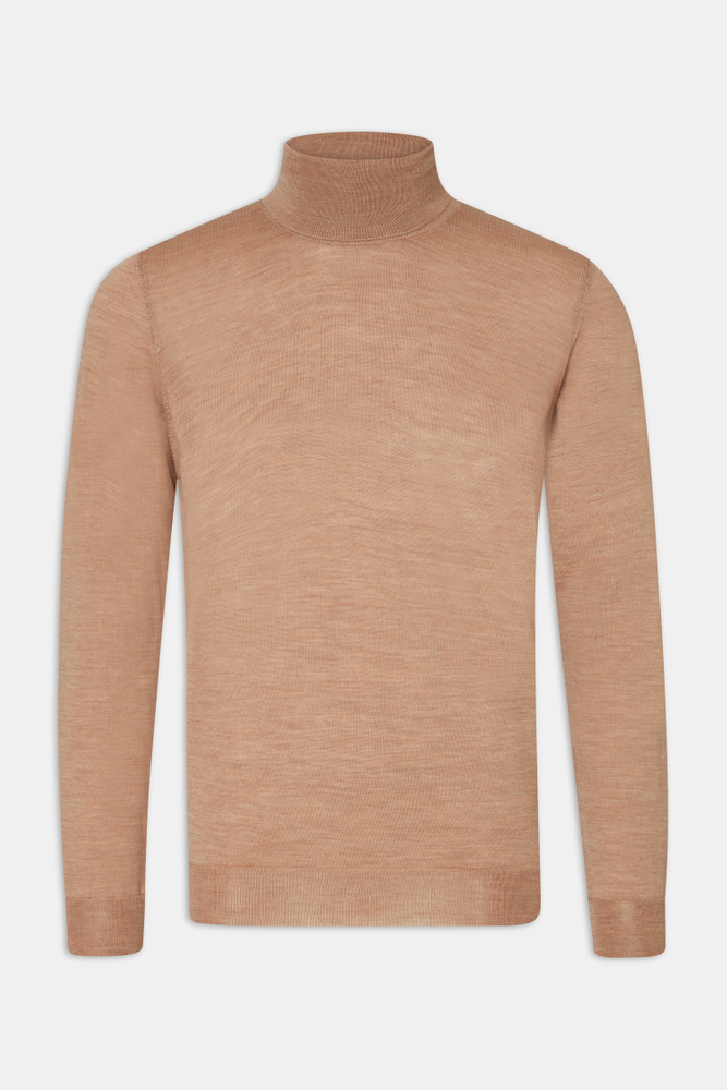 Slim Fit Extra Fine Merino Wool Rollneck - Beige | Oscar Jacobson