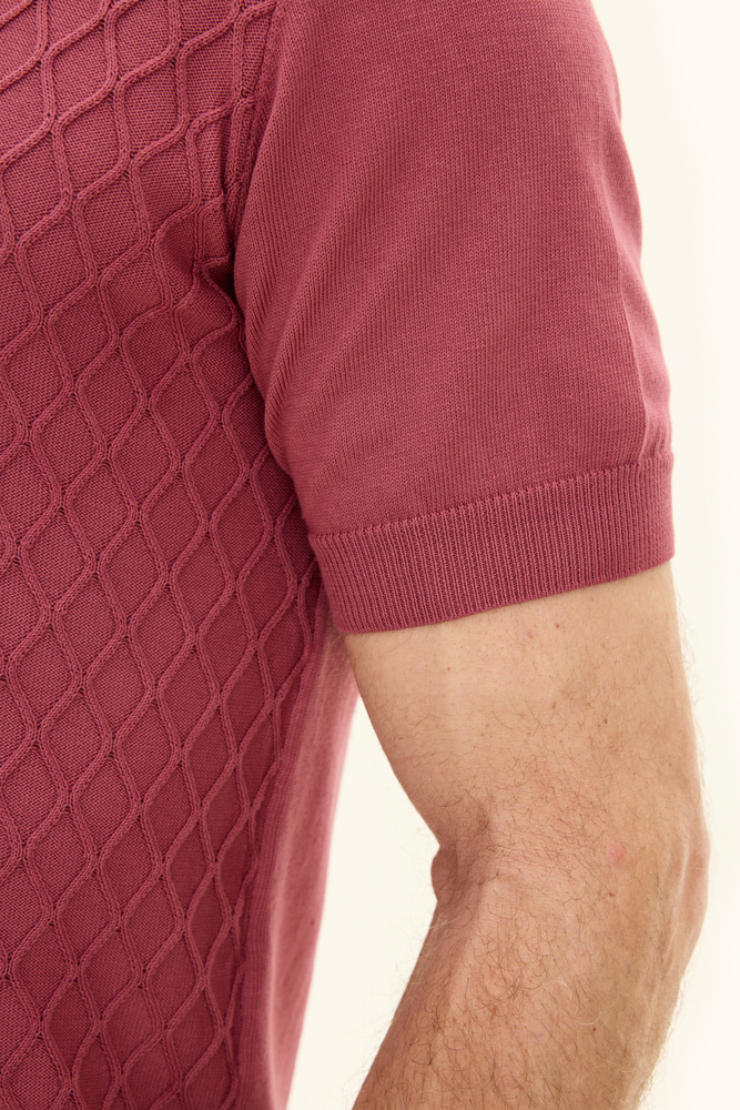 Slim Fit Kabelstickad Piké - Röd | Oscar Jacobson