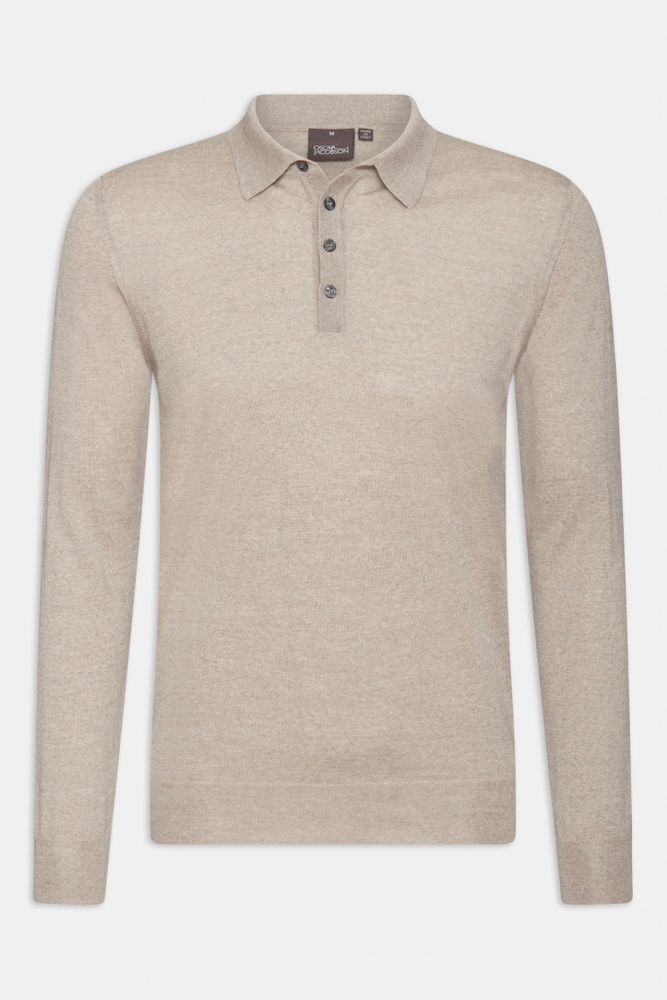 Regular Fit Extra Fine Merino Wool Poloshirt - Beige | Oscar Jacobson