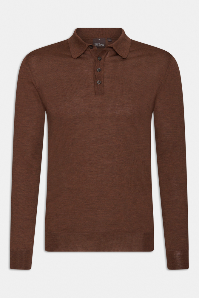 Regular Fit Extra Fine Merino Wool Poloshirt - Brown | Oscar Jacobson