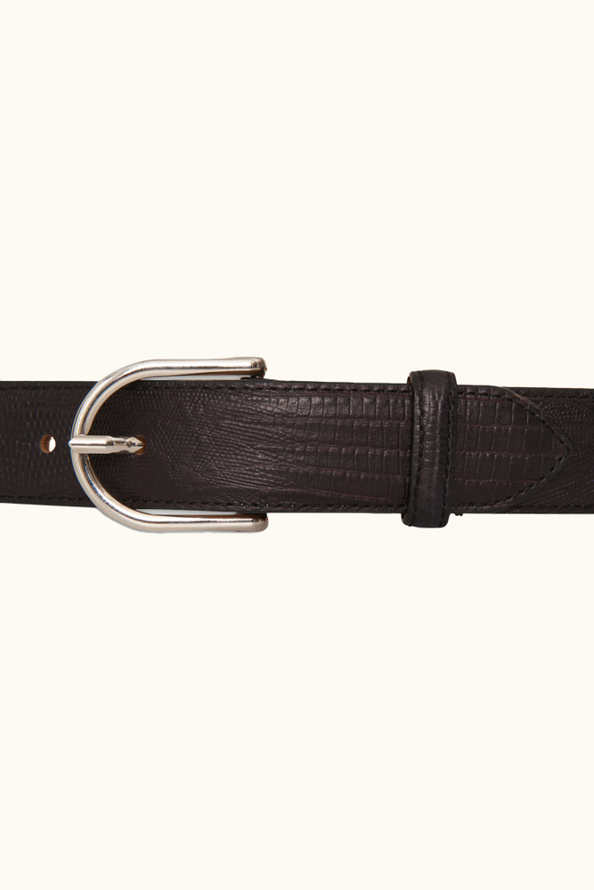 Round Buckle Lizard Belt - Black | Oscar Jacobson