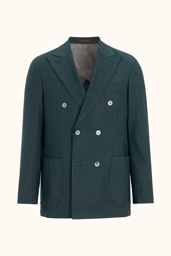Regular Fit Double Breasted Linen Twill Blazer - Green | Oscar Jacobson