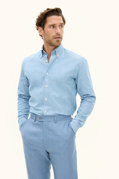 Regular Fit Button Down Chambrayskjorta - Blå | Oscar Jacobson