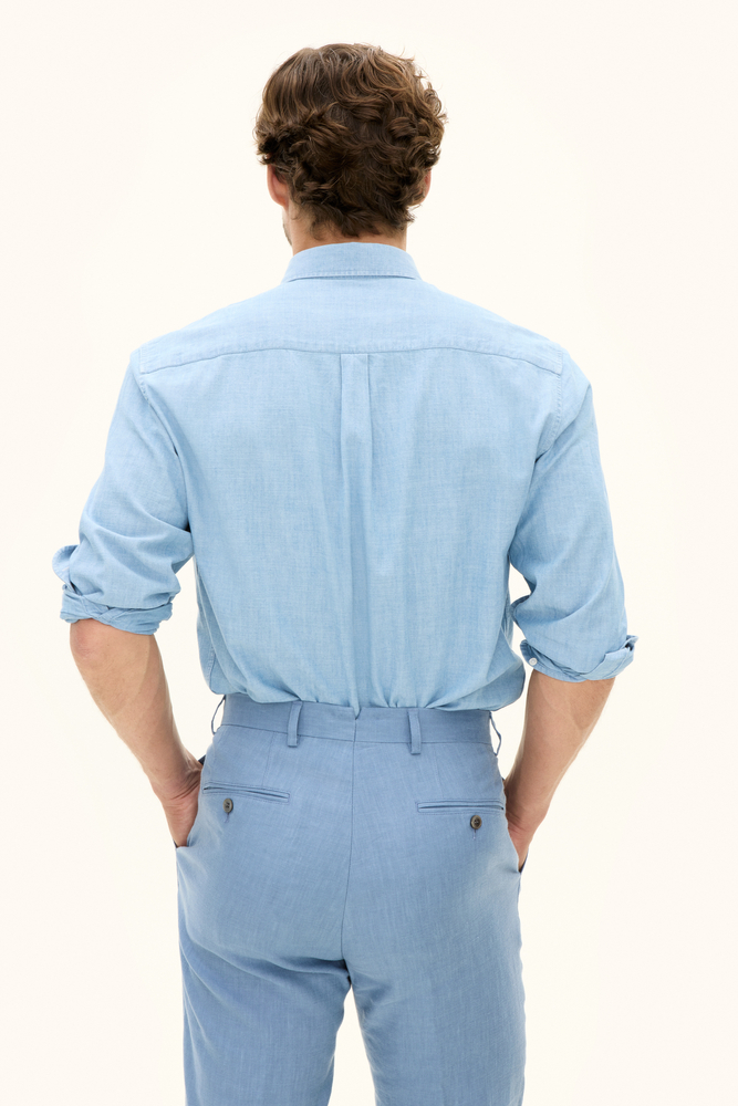 Regular Fit Button Down Chambrayskjorte - Blå | Oscar Jacobson