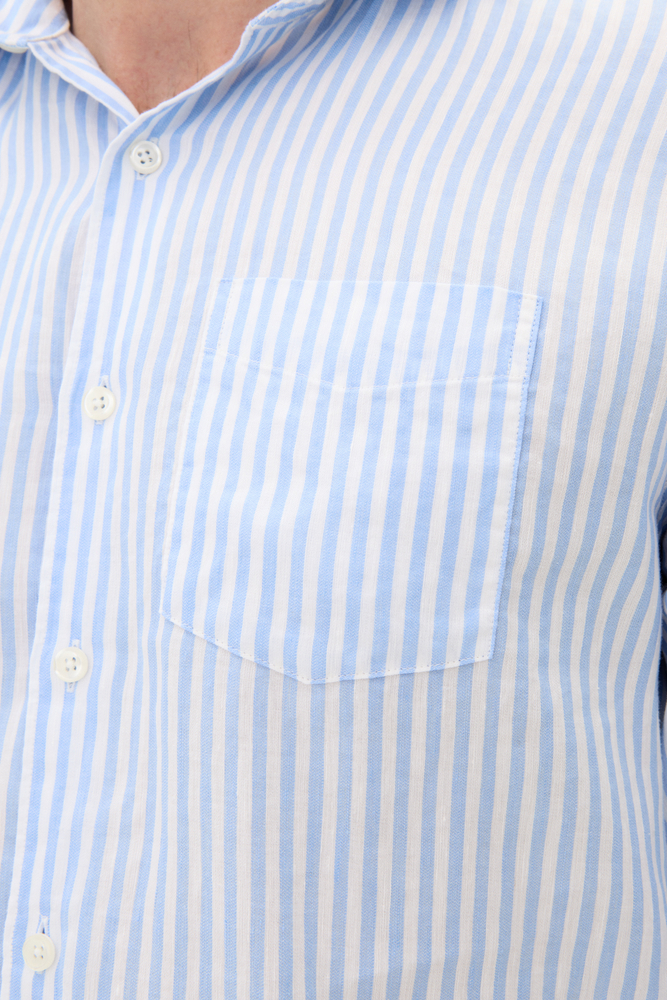 Regular Fit Wide Spread Collar Hør Stripe Skjorte - Blå | Oscar Jacobson