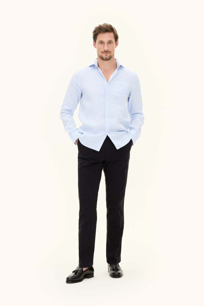 Regular Fit Wide Spread stripe Linskjorte - Blå | Oscar Jacobson