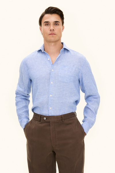 Regular Fit Wide Spread Collar Linen Shirt - Blue | Oscar Jacobson