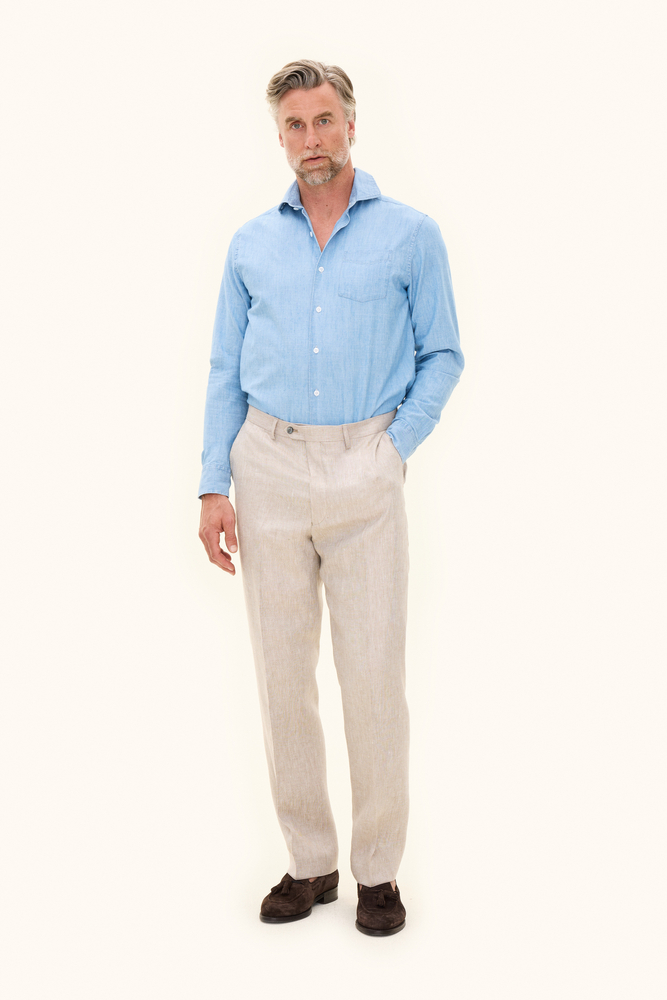 Regular Fit Wide Spread Collar Chambray Cotton Shirt - Blue | Oscar ...