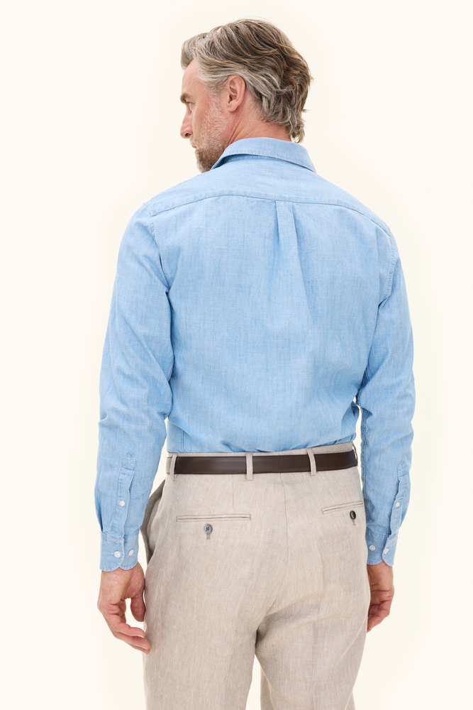 Regular Fit Wide Spread Collar Chambray Cotton Shirt - Blue | Oscar ...