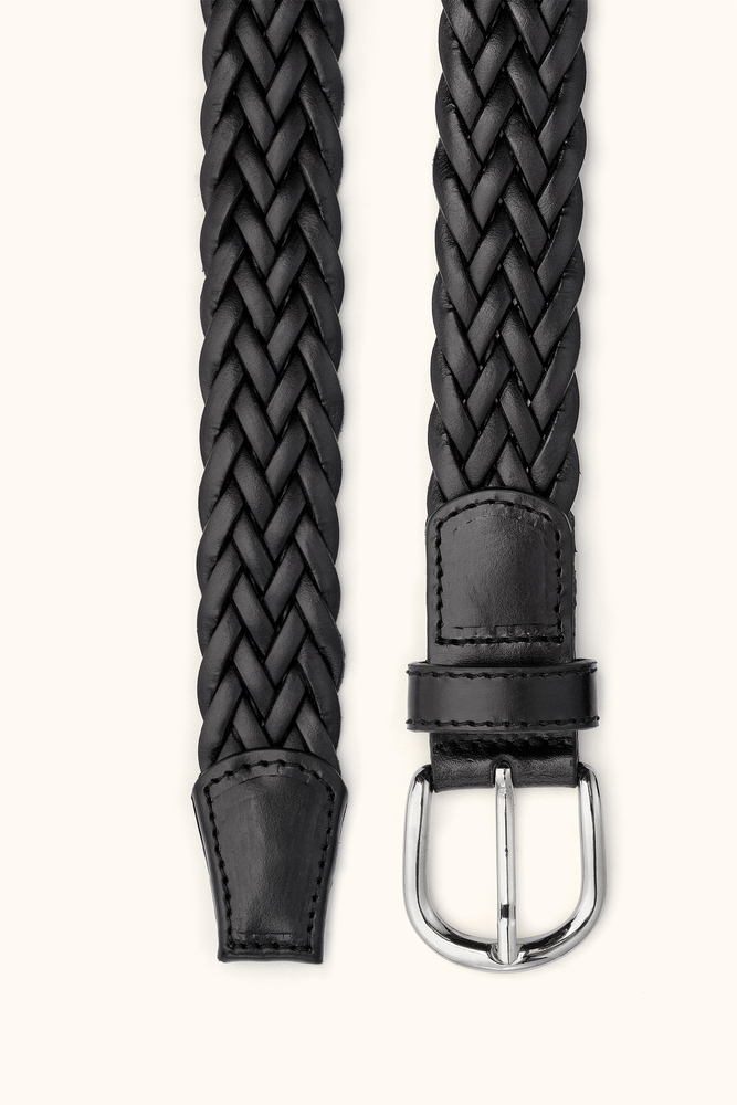 Round Buckle Belt Braided Leather - Black | Oscar Jacobson