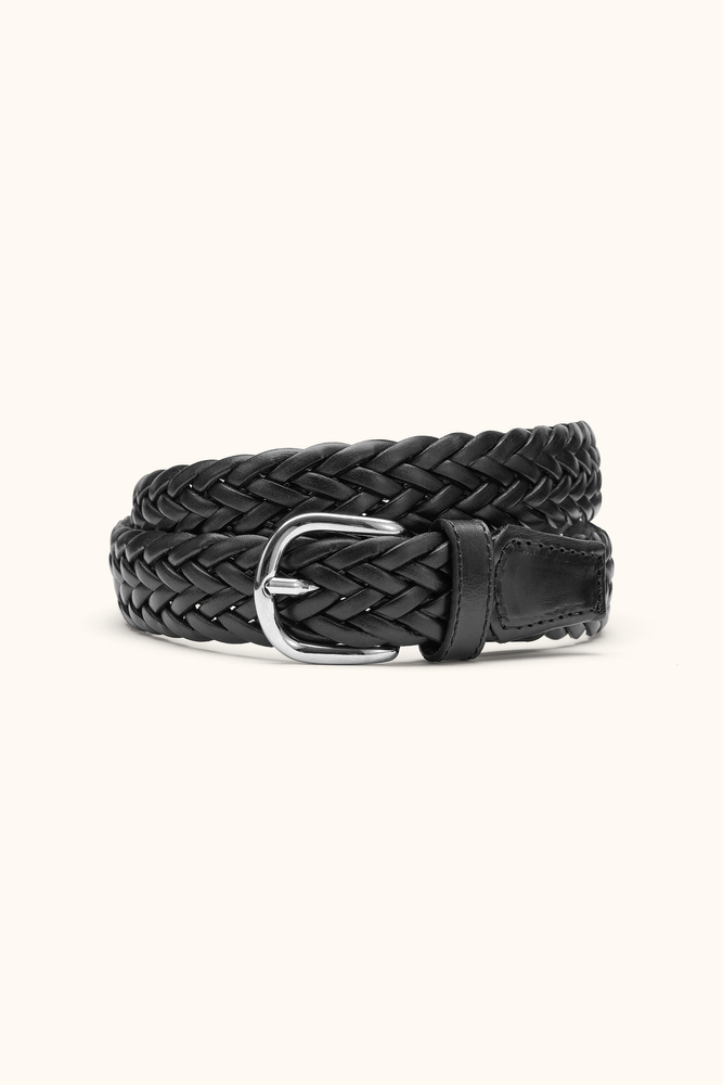 Round Buckle Belt Braided Leather - Black | Oscar Jacobson
