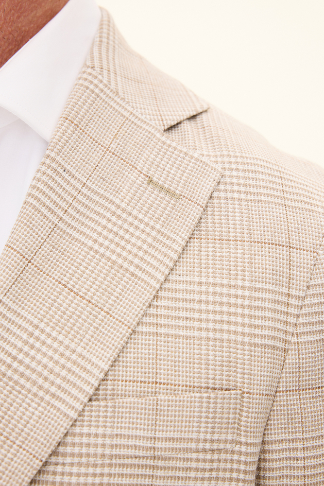 Regular Fit Linen Glencheck Blazer - Beige | Oscar Jacobson