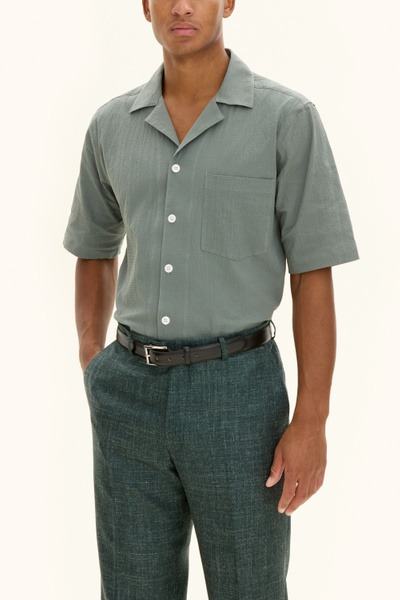Regular Fit Bowling Collar Seersucker Shirt - Green | Oscar Jacobson