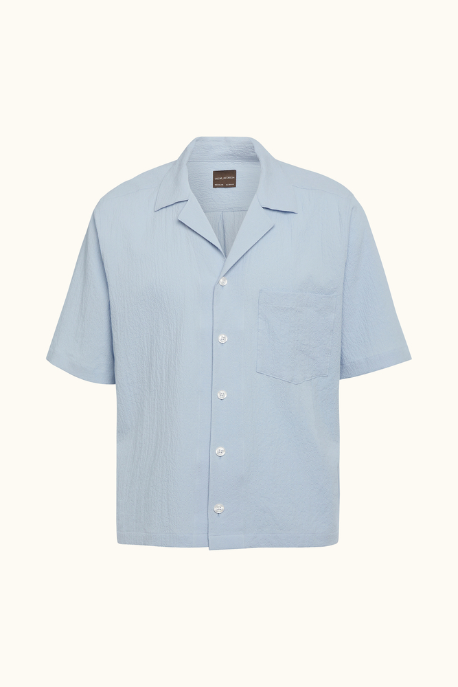 Regular Fit Bowling Collar Seersucker Shirt - Blue | Oscar Jacobson