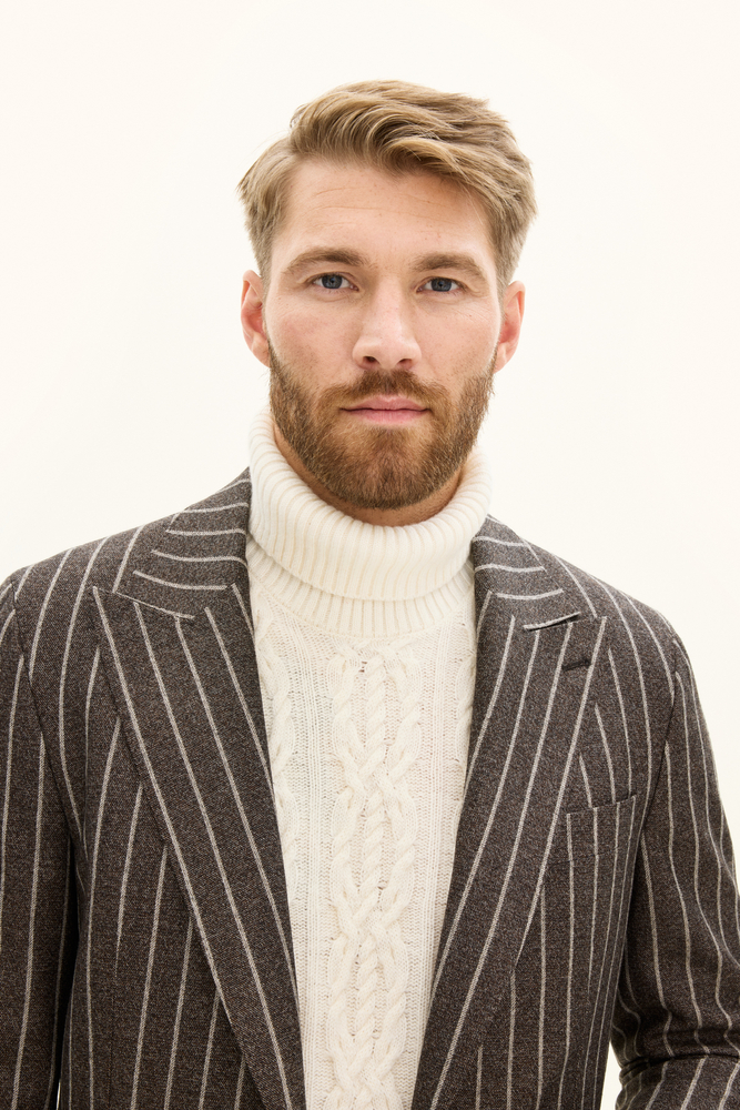 Regular Fit Striped Wool Blazer - Brown | Oscar Jacobson