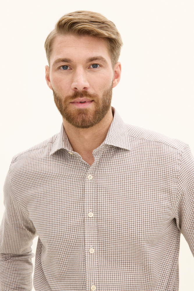 Regular Fit Cut Away Flannel Shirt - Beige | Oscar Jacobson