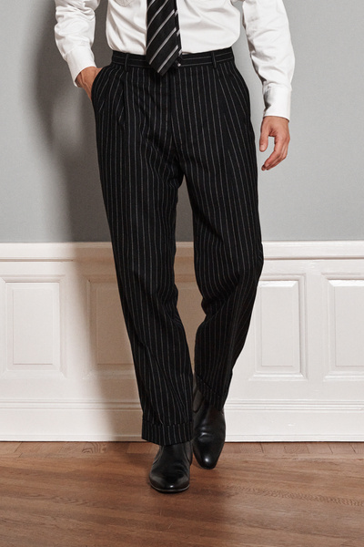 Regular Fit High Waist Pleated Pin Striped Trousers - Black | Oscar ...