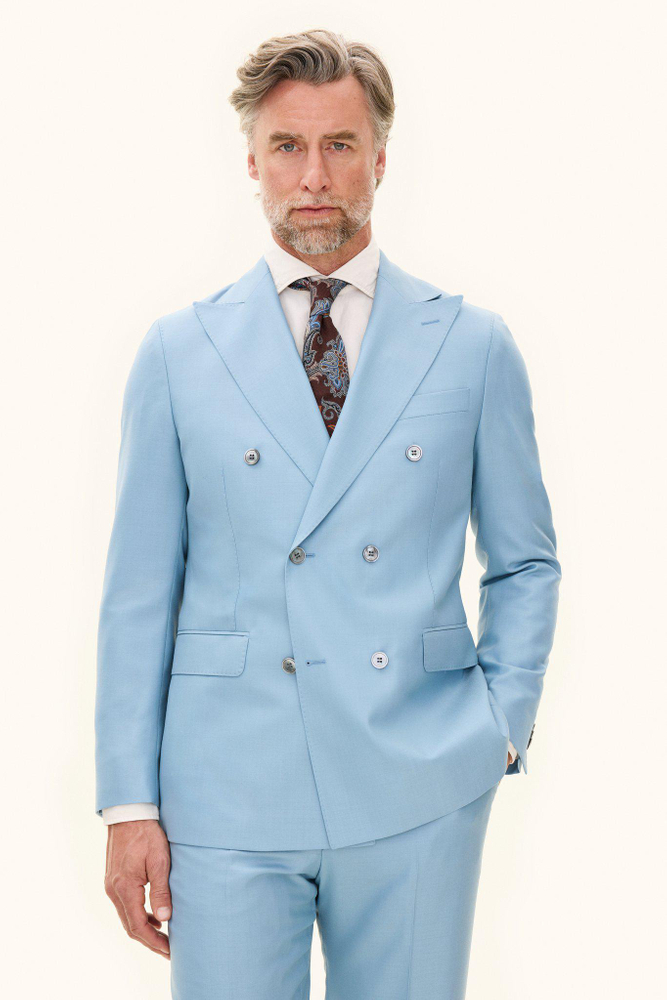 Regular Fit Double Breasted Wool Suit - Blue | Oscar Jacobson