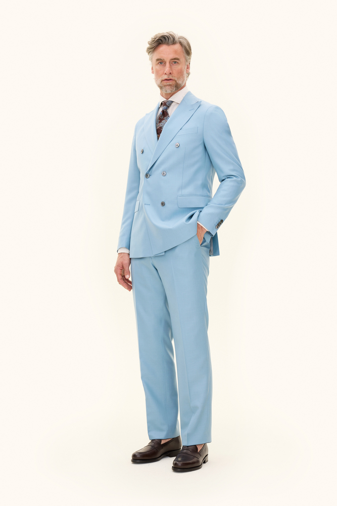 Regular Fit Double Breasted Wool Suit - Blue | Oscar Jacobson