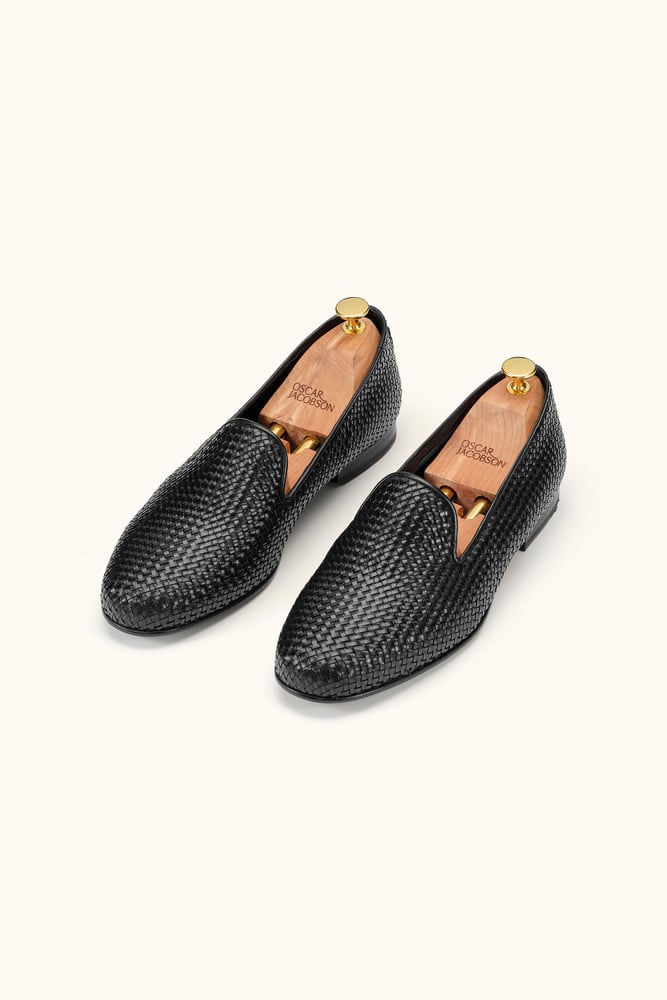 Braided Tuxedo Slippers Box Calf Leather - Black | Oscar Jacobson